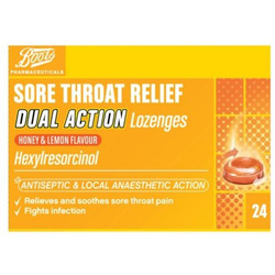 Boots Sore Throat Relief Dual Action Lozenges Honey & Lemon Flavour ...